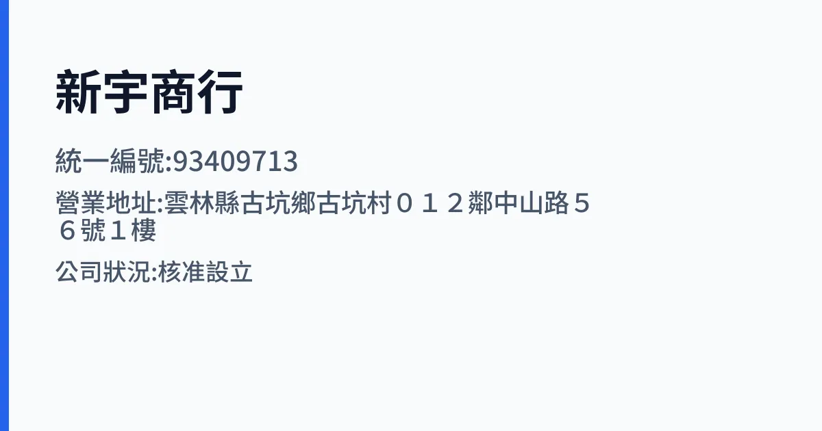 新宇商行 - 統編 93409713(雲林縣) 公司登記資料與營業項目詳細圖表