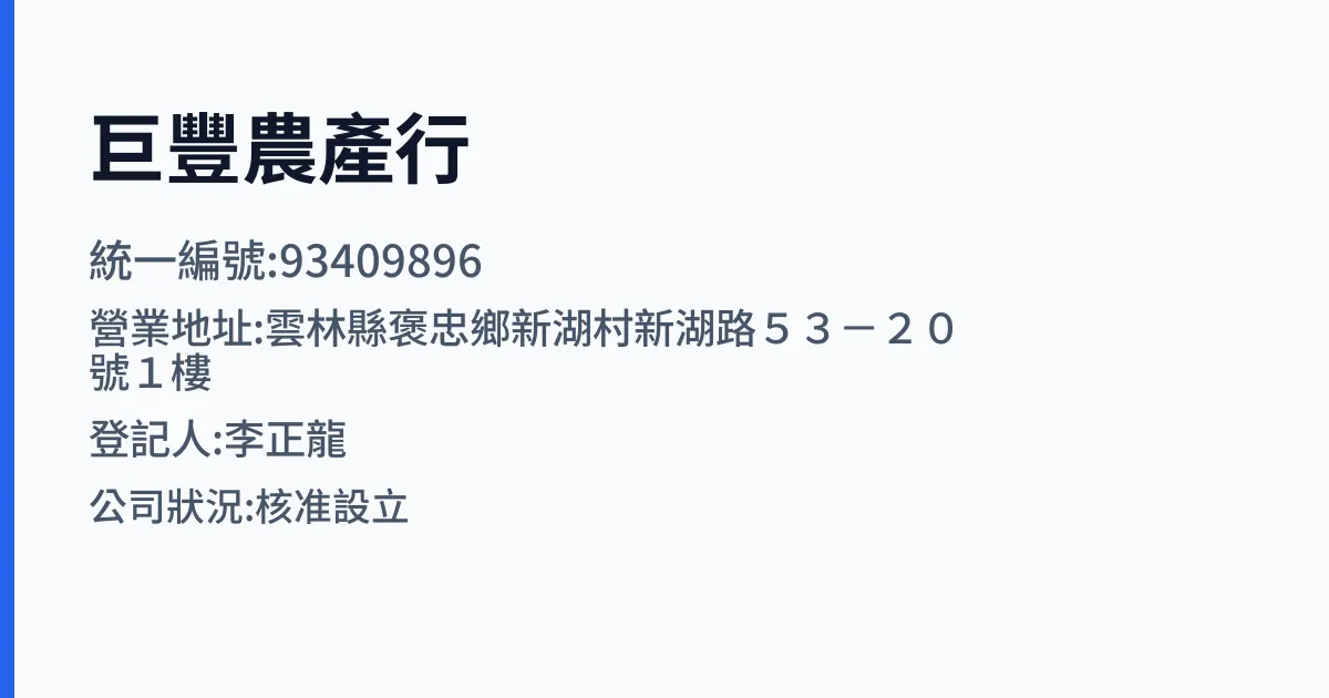 巨豐農產行 - 統編 93409896(雲林縣) 公司登記資料與營業項目詳細圖表