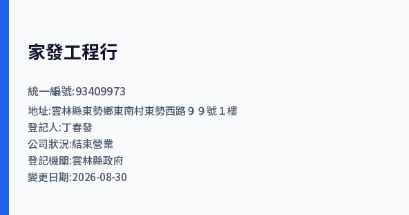 家發工程行的照片-統編 93409973(雲林縣) 公司登記資料與營業項目詳細圖表