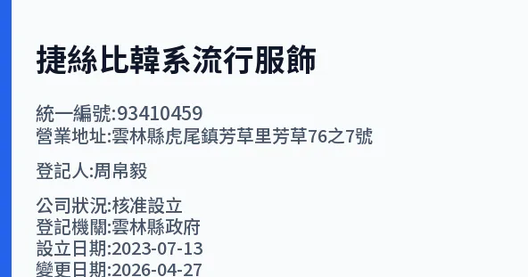 捷絲比韓系流行服飾的照片-統編 93410459(雲林縣) 公司登記資料與營業項目詳細圖表