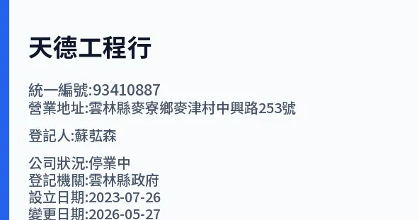 天德工程行的照片-統編 93410887(雲林縣) 公司登記資料與營業項目詳細圖表