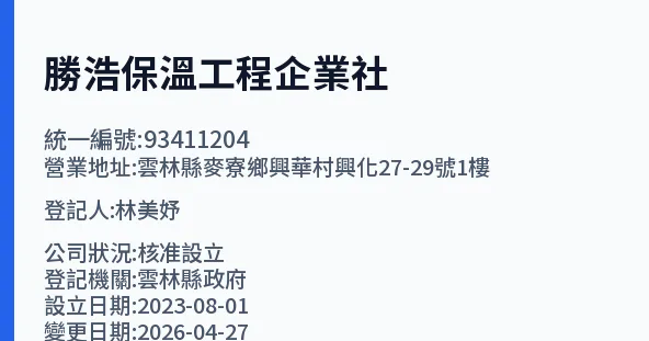 勝浩保溫工程企業社的照片-統編 93411204(雲林縣) 公司登記資料與營業項目詳細圖表