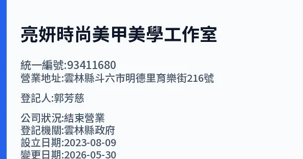 亮妍時尚美甲美學工作室的照片-統編 93411680(雲林縣) 公司登記資料與營業項目詳細圖表
