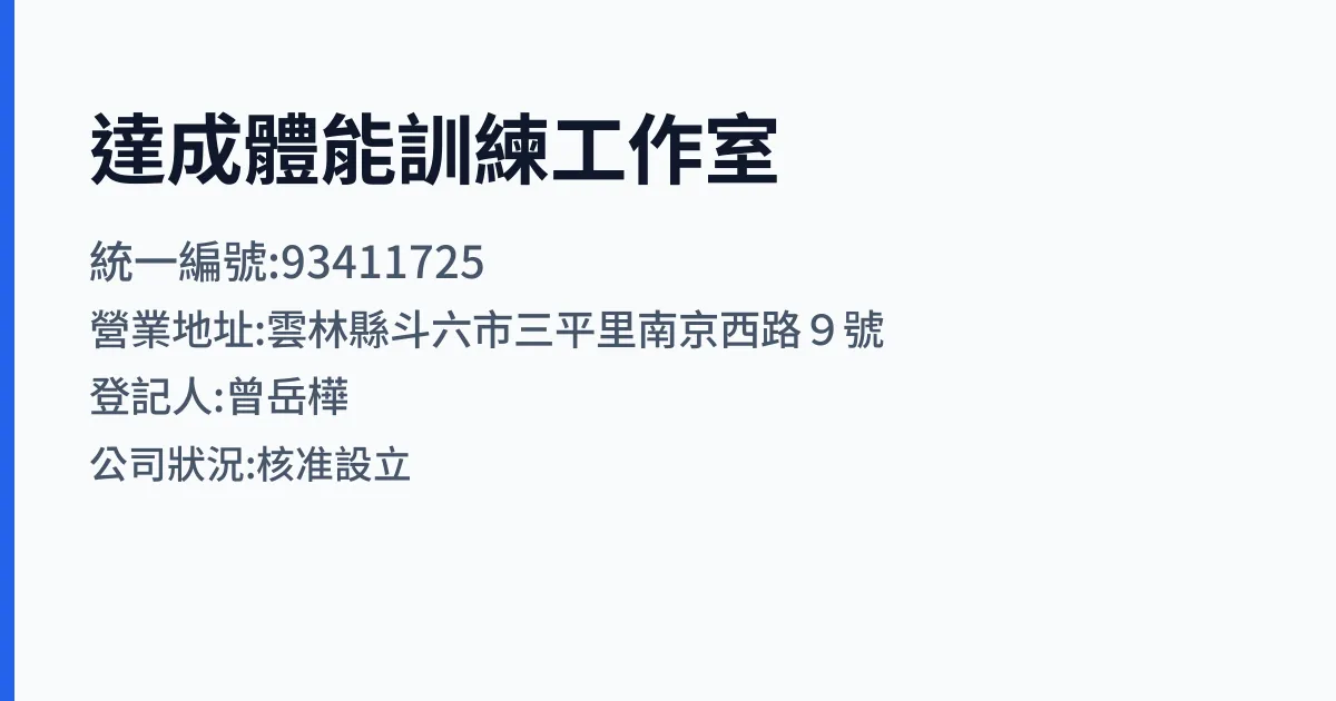 達成體能訓練工作室 - 統編 93411725(雲林縣) 公司登記資料與營業項目詳細圖表