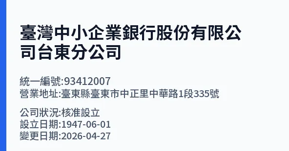 臺灣中小企業銀行股份有限公司台東分公司的照片-統編 93412007(臺東縣) 公司登記資料與營業項目詳細圖表