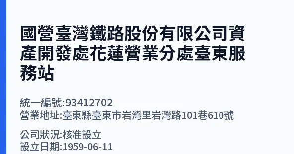 國營臺灣鐵路股份有限公司資產開發處花蓮營業分處臺東服務站的照片-統編 93412702(臺東縣) 公司登記資料與營業項目詳細圖表
