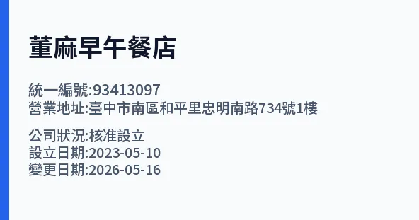 董麻早午餐店的照片-統編 93413097(臺中市) 公司登記資料與營業項目詳細圖表