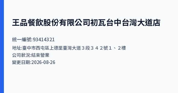 王品餐飲股份有限公司初瓦台中台灣大道店的照片-統編 93414321(臺中市) 公司登記資料與營業項目詳細圖表