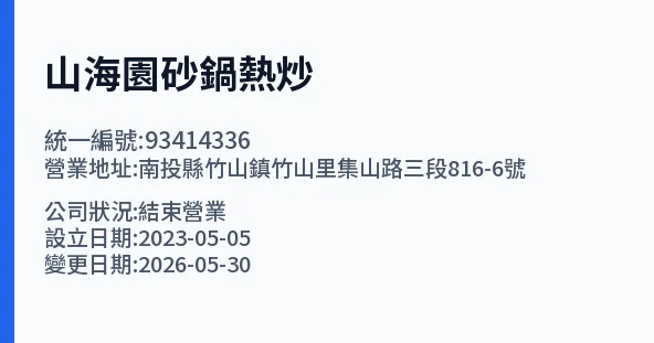 山海園砂鍋熱炒的照片-統編 93414336(南投縣) 公司登記資料與營業項目詳細圖表