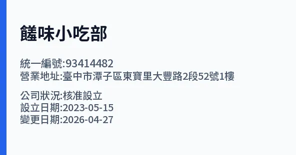 饈味小吃部的照片-統編 93414482(臺中市) 公司登記資料與營業項目詳細圖表