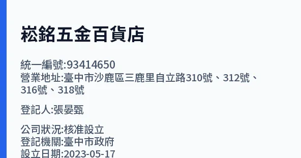 崧銘五金百貨店的照片-統編 93414650(臺中市) 公司登記資料與營業項目詳細圖表