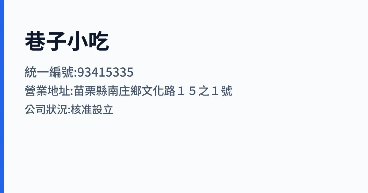 巷子小吃 - 統編 93415335(苗栗縣) 公司登記資料與營業項目詳細圖表