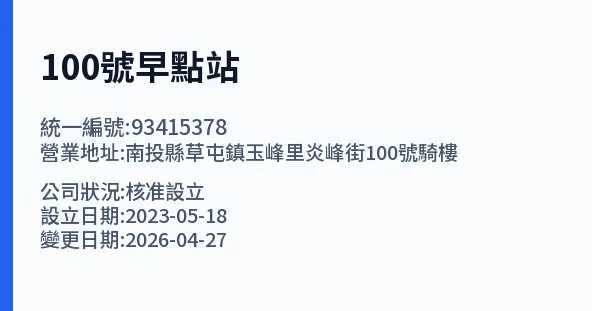 100號早點站的照片-統編 93415378(南投縣) 公司登記資料與營業項目詳細圖表