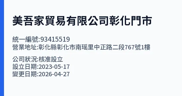 美吾家貿易有限公司彰化門市的照片-統編 93415519(彰化縣) 公司登記資料與營業項目詳細圖表