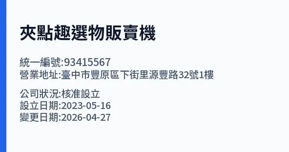 夾點趣選物販賣機的照片-統編 93415567(臺中市) 公司登記資料與營業項目詳細圖表