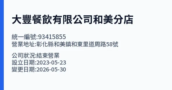 大豐餐飲有限公司和美分店的照片-統編 93415855(彰化縣) 公司登記資料與營業項目詳細圖表
