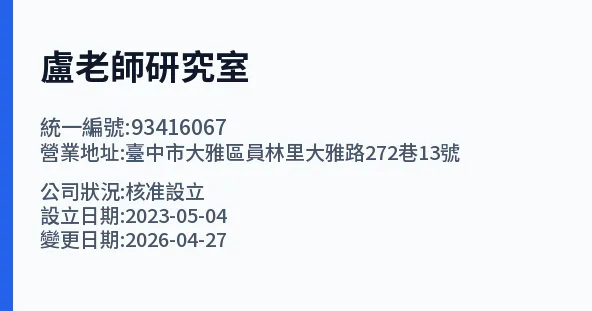 盧老師研究室的照片-統編 93416067(臺中市) 公司登記資料與營業項目詳細圖表