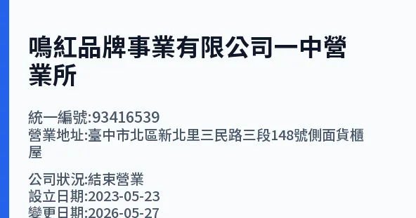 鳴紅品牌事業有限公司一中營業所的照片-統編 93416539(臺中市) 公司登記資料與營業項目詳細圖表