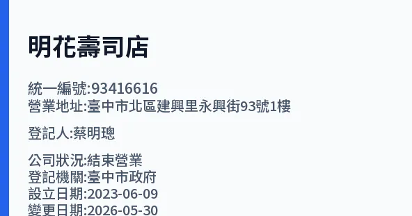 明花壽司店的照片-統編 93416616(臺中市) 公司登記資料與營業項目詳細圖表