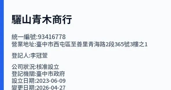 驪山青木商行的照片-統編 93416778(臺中市) 公司登記資料與營業項目詳細圖表