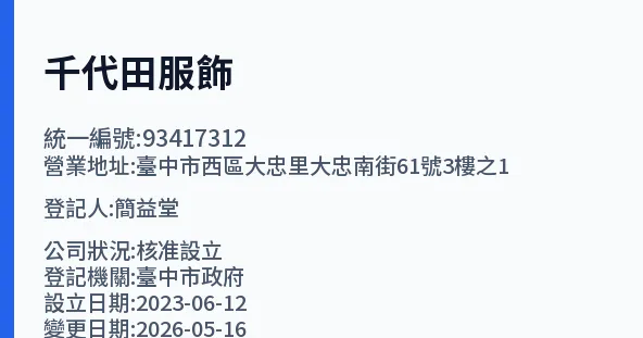 千代田服飾的照片-統編 93417312(臺中市) 公司登記資料與營業項目詳細圖表