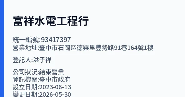 富祥水電工程行的照片-統編 93417397(臺中市) 公司登記資料與營業項目詳細圖表