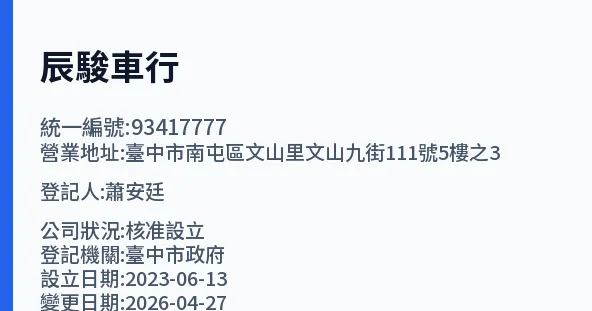 辰駿車行的照片-統編 93417777(臺中市) 公司登記資料與營業項目詳細圖表