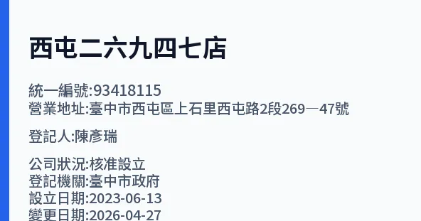 西屯二六九四七店的照片-統編 93418115(臺中市) 公司登記資料與營業項目詳細圖表