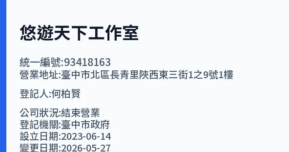 悠遊天下工作室的照片-統編 93418163(臺中市) 公司登記資料與營業項目詳細圖表