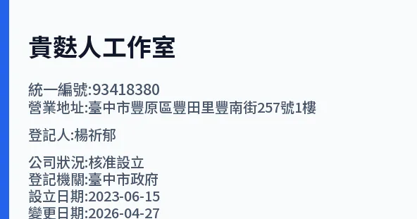 貴麩人工作室的照片-統編 93418380(臺中市) 公司登記資料與營業項目詳細圖表