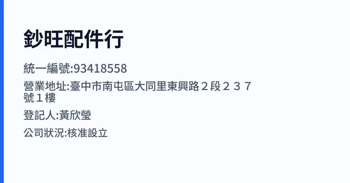 鈔旺配件行 - 統編 93418558(臺中市) 公司登記資料與營業項目詳細圖表