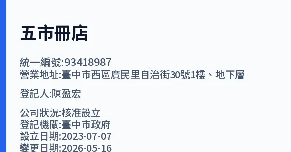 五市冊店的照片-統編 93418987(臺中市) 公司登記資料與營業項目詳細圖表