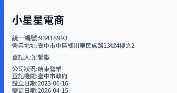 小星星電商的照片-統編 93418993(臺中市) 公司登記資料與營業項目詳細圖表