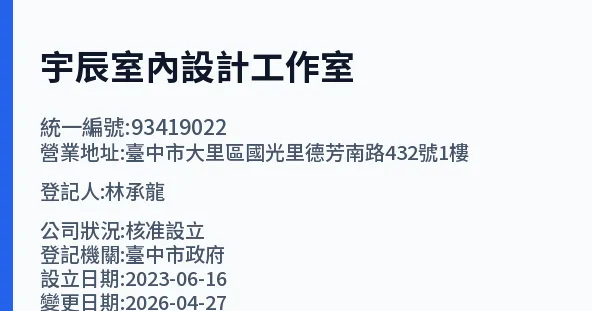宇辰室內設計工作室的照片-統編 93419022(臺中市) 公司登記資料與營業項目詳細圖表