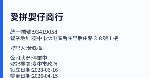 愛拼嬰仔商行的照片-統編 93419058(臺中市) 公司登記資料與營業項目詳細圖表
