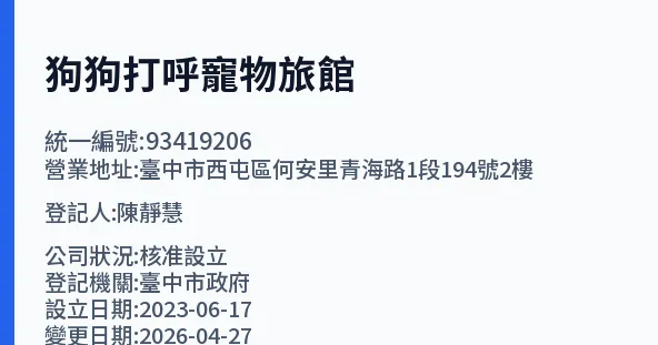 狗狗打呼寵物旅館的照片-統編 93419206(臺中市) 公司登記資料與營業項目詳細圖表