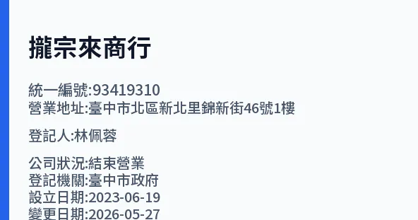 攏宗來商行的照片-統編 93419310(臺中市) 公司登記資料與營業項目詳細圖表