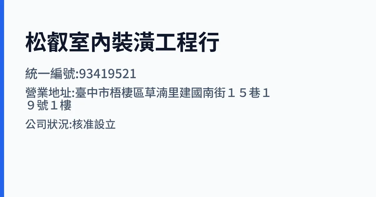 松叡室內裝潢工程行 - 統編 93419521(臺中市) 公司登記資料與營業項目詳細圖表