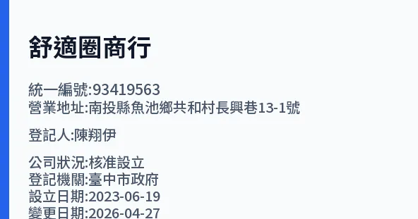 舒適圈商行的照片-統編 93419563(南投縣) 公司登記資料與營業項目詳細圖表