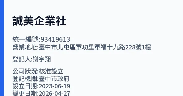 誠美企業社的照片-統編 93419613(臺中市) 公司登記資料與營業項目詳細圖表