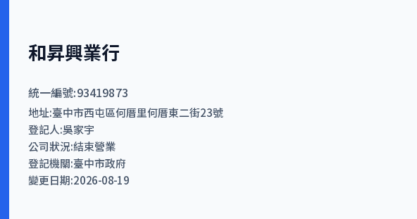 和昇興業行的照片-統編 93419873(臺中市) 公司登記資料與營業項目詳細圖表