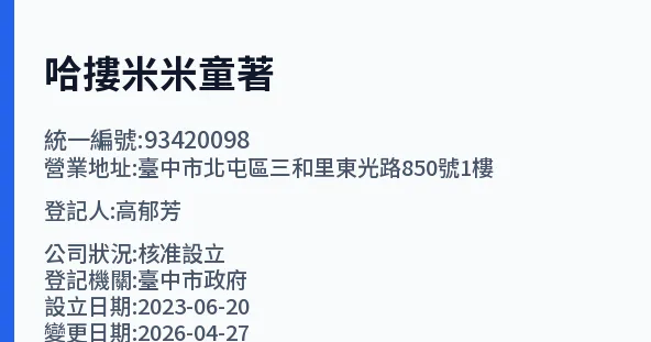 哈摟米米童著的照片-統編 93420098(臺中市) 公司登記資料與營業項目詳細圖表