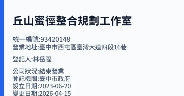 丘山蜜徑整合規劃工作室的照片-統編 93420148(臺中市) 公司登記資料與營業項目詳細圖表