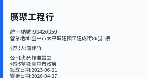廣聚工程行的照片-統編 93420359(臺中市) 公司登記資料與營業項目詳細圖表
