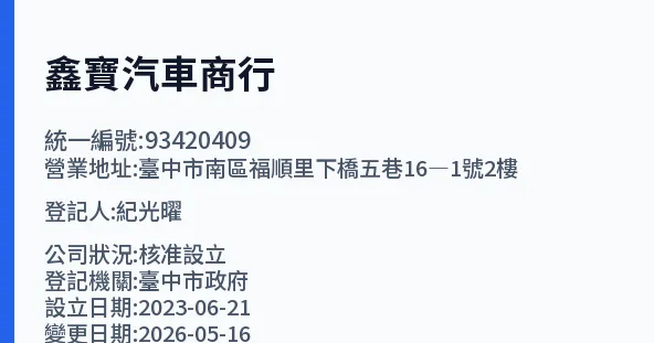 鑫寶汽車商行的照片-統編 93420409(臺中市) 公司登記資料與營業項目詳細圖表
