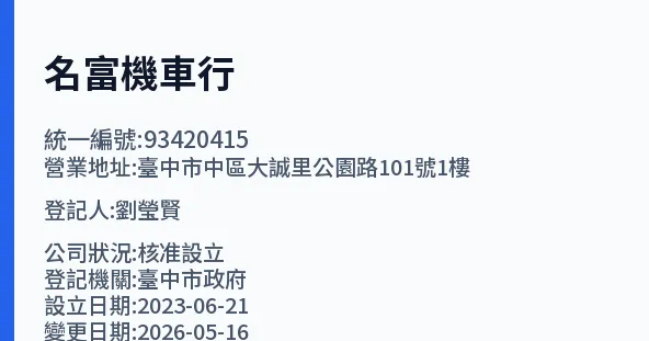 名富機車行的照片-統編 93420415(臺中市) 公司登記資料與營業項目詳細圖表