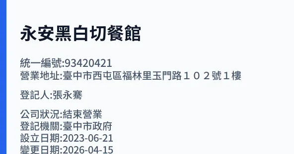 永安黑白切餐館的照片-統編 93420421(臺中市) 公司登記資料與營業項目詳細圖表