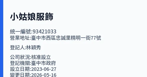 小姑娘服飾的照片-統編 93421033(臺中市) 公司登記資料與營業項目詳細圖表
