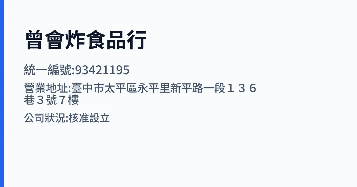 曾會炸食品行 - 統編 93421195(臺中市) 公司登記資料與營業項目詳細圖表