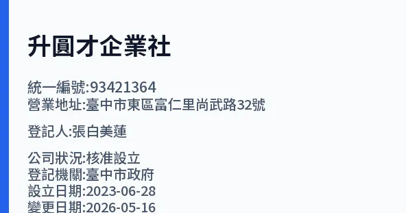 升圓才企業社的照片-統編 93421364(臺中市) 公司登記資料與營業項目詳細圖表